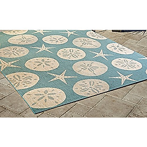 Gertmenian Indoor Outdoor Area Rug, Classic Flatweave, Washable, Stain & UV Resistant Carpet, Deck, Patio, Poolside & Mudroom, 5x7 Ft Standard, Sand Dollar Starfish, Oasis Green, 21268
