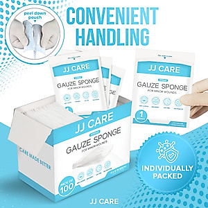 JJ CARE Sterile Gauze Pads 4" x 4" (Pack of 100), 12-Ply Cotton Gauze Pads, Individually-Wrapped Sterile Gauze Sponges, 100% Woven, Non-Stick Medical Gauze Pads for First Aid Kit & Wound Care
