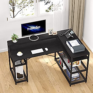 Tribesigns L Shaped Desk with Storage and Monitor Stand, Industrial Home Office Computer Desk with Storage Shelves, 59 Inch Corner Desk with Monitor Shelf(Full Black)