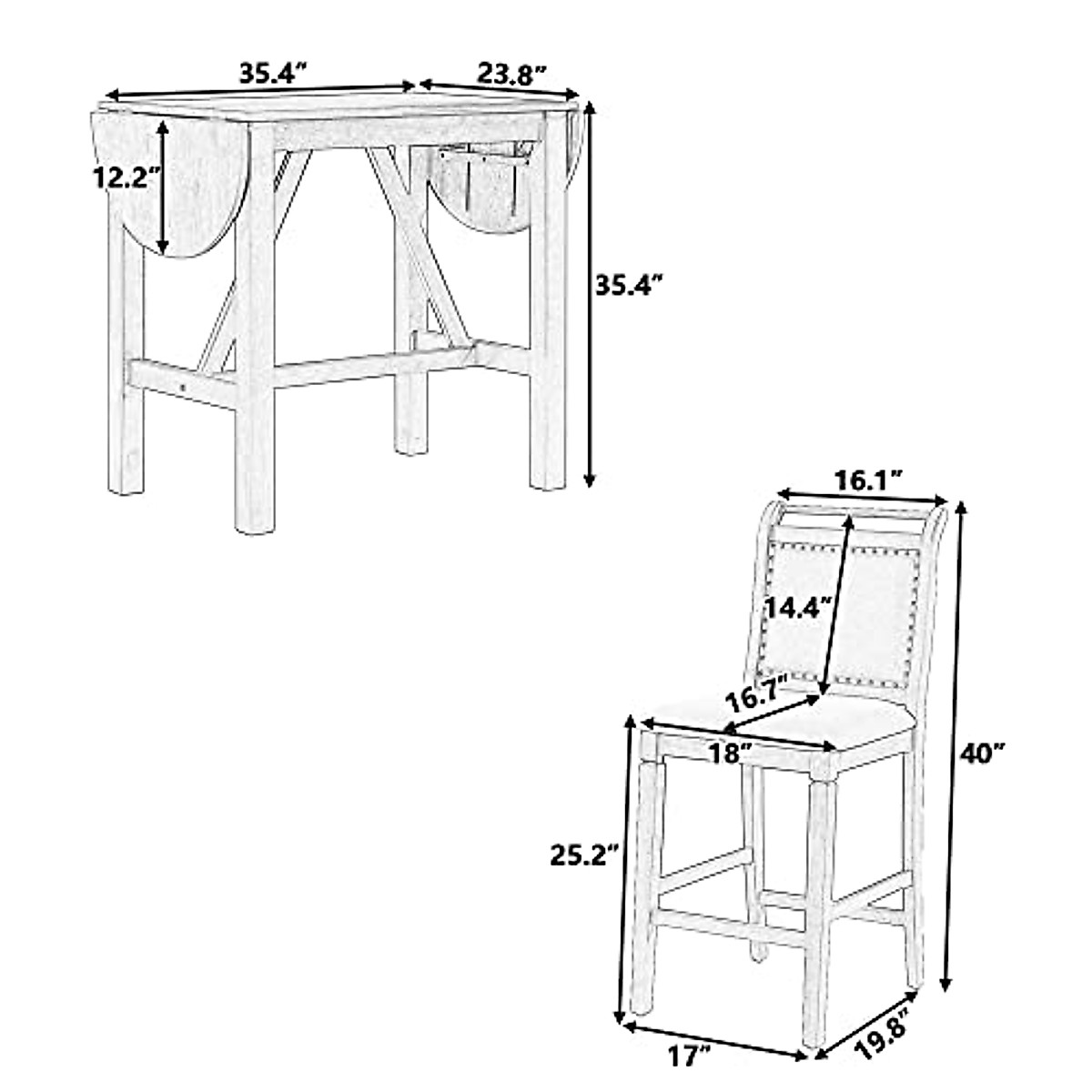 RUNNA 3-Piece Wood Kitchen Table Set, Drop Leaf Table Set with 2 X-Back Chairs for Small Places