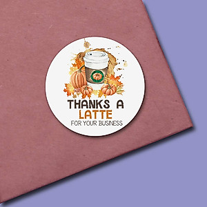 Thanks A Latte Fall & Autumn Pumpkin Spice Thank You Customer Appreciation Sticker Labels for Small Businesses, 60 1.5" Circle Stickers by AmandaCreation, for Envelopes, Postcards, Direct Mail, More!