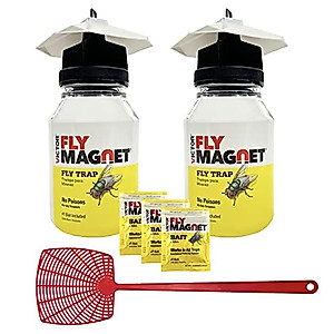 Victor M380 [Set of 2] Reusable Outdoor Fly Traps - Our Fly Trap Combination Pack is Bundled with a Home and Country USA Fly Swatter and an Extra Refill Bait Pack of Three