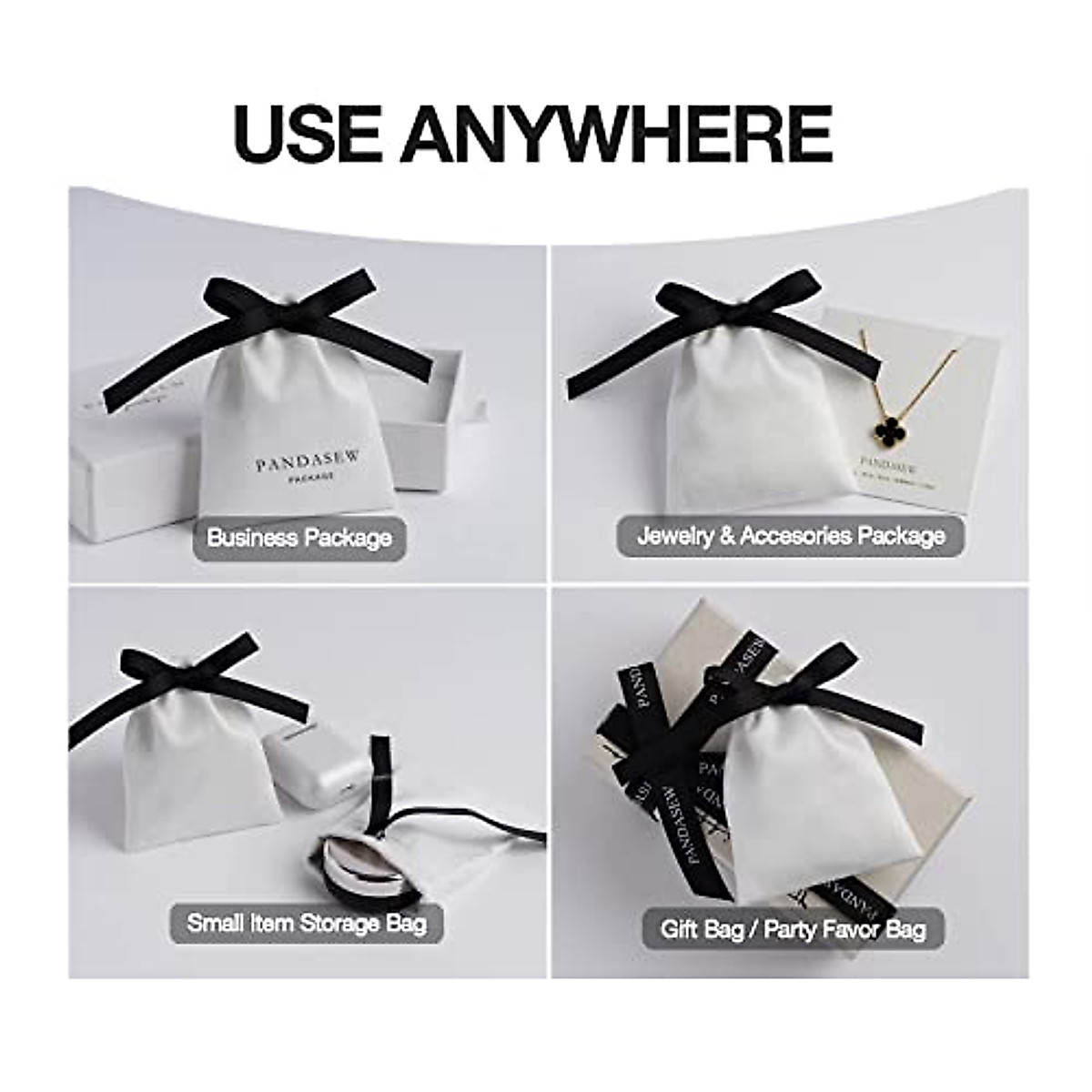 PandaSew Jewelry Pouch 20pcs Luxury 10x8cm Suede Drawstring Packaging Bag Jewelry Pouch for Rings,Necklace,Bracelet,Pendant,White with Black Ribbons
