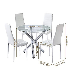 Dining Table with Chairs Set,4HOMART YVONNE&F.L.A.M. 5PCS Round Glass Table Set Modern Tempered Glass Top Table with 4 PU Leather Chairs Dining Room Furniture