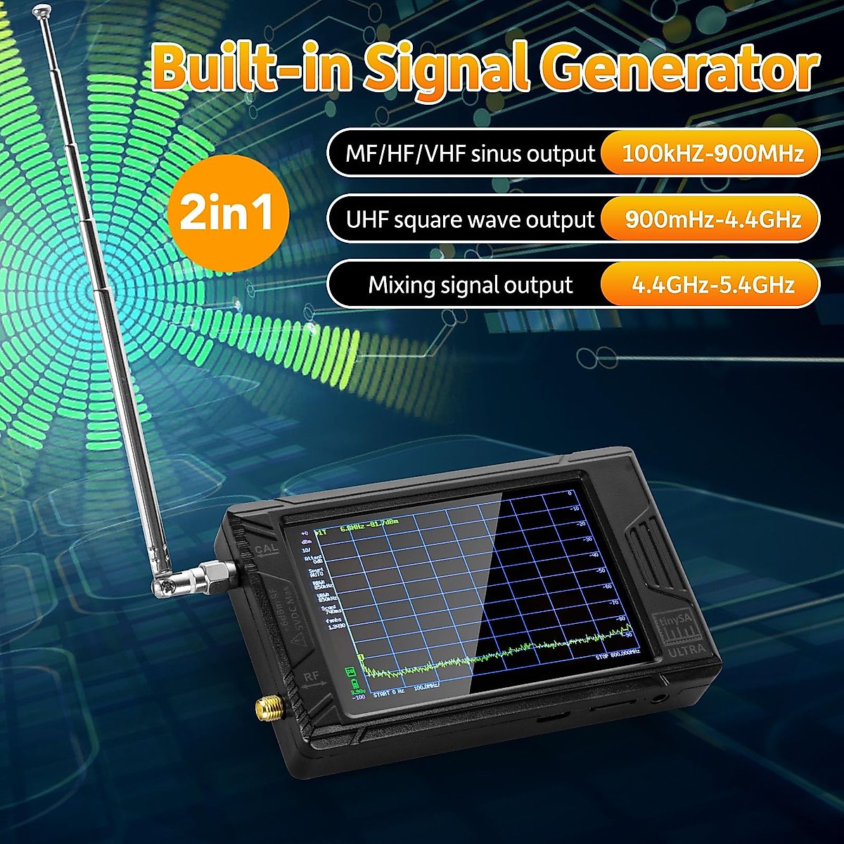 AURSINC TinySA Ultra+ ZS406 Spectrum Analyzer with 50W Attenuator, 2025 4inch 100kHz-5.4GHz V0.4.6 Portable Frequency Analyzer with 32Gb Card,2in1 Signal Generator 100kHz to 900MHz MF/HF/VHF UHF Input
