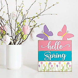 5 Pcs Hello Spring Tiered Tray Decorations Rustic Spring Table Decor Farmhouse Spring Decorations for Home Spring Wood Sign Hello Spring Table Centerpiece Standing Decor for Shelf Tabletop Fireplace