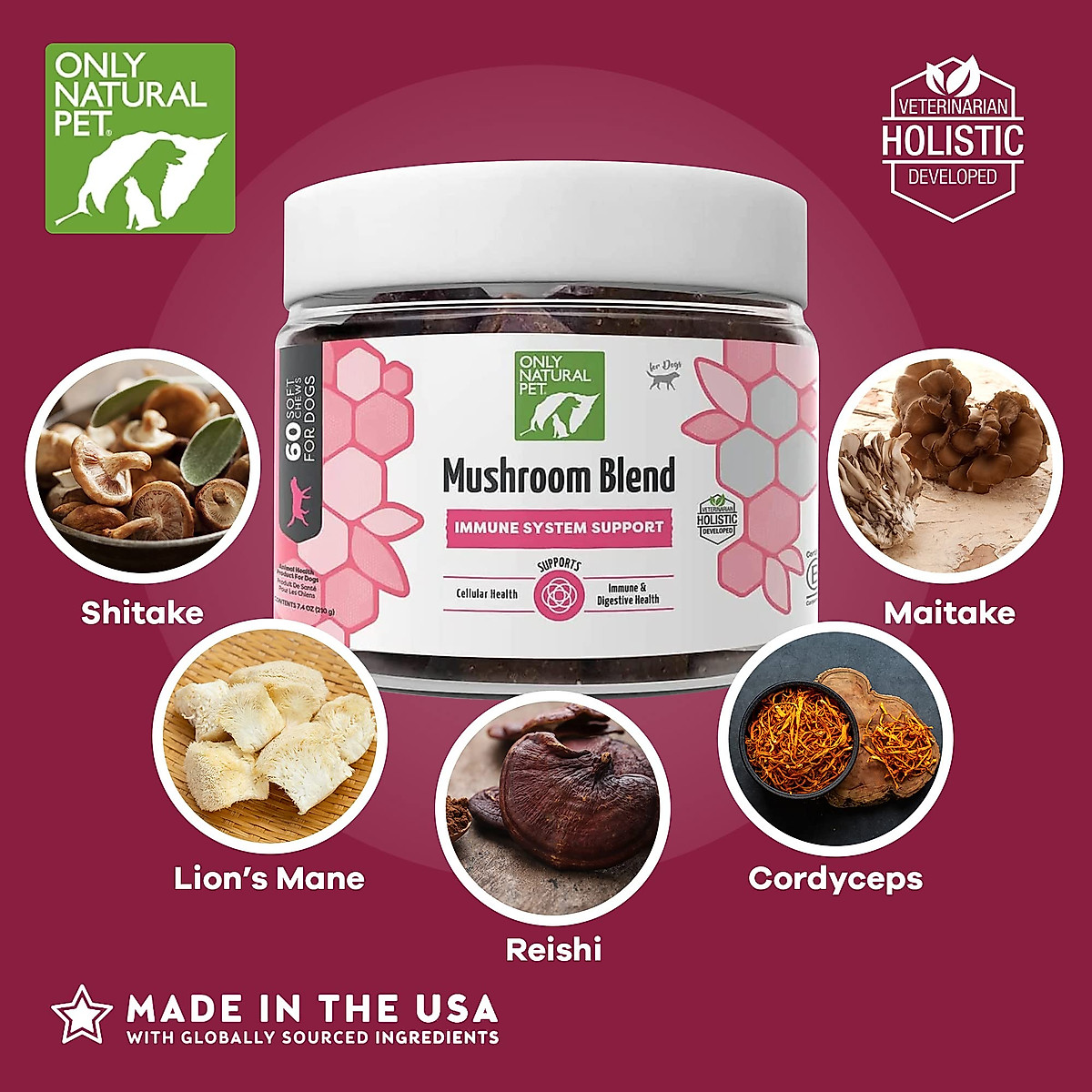 Only Natural Pet Mushroom Blend Immune System Support Supplement for Dogs - Boost Healthy Cellular, Digestive, & Liver Function - Multivitamin Beta-Glucan & Antioxidant - Bacon Flavor 60 Soft Chews