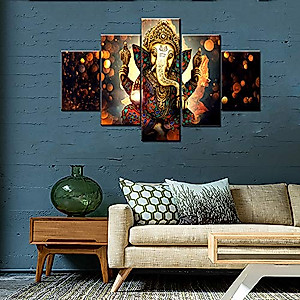 TUMOVO Ganesha Paintings House Decorations Living Room 5 Pieces/Panel Canvas Wall Art Lord Ganesha Pictures Posters and Prints,Modern Artwork Home Decor-with Wooden Frame Ready to Hang(60''Wx40''H)