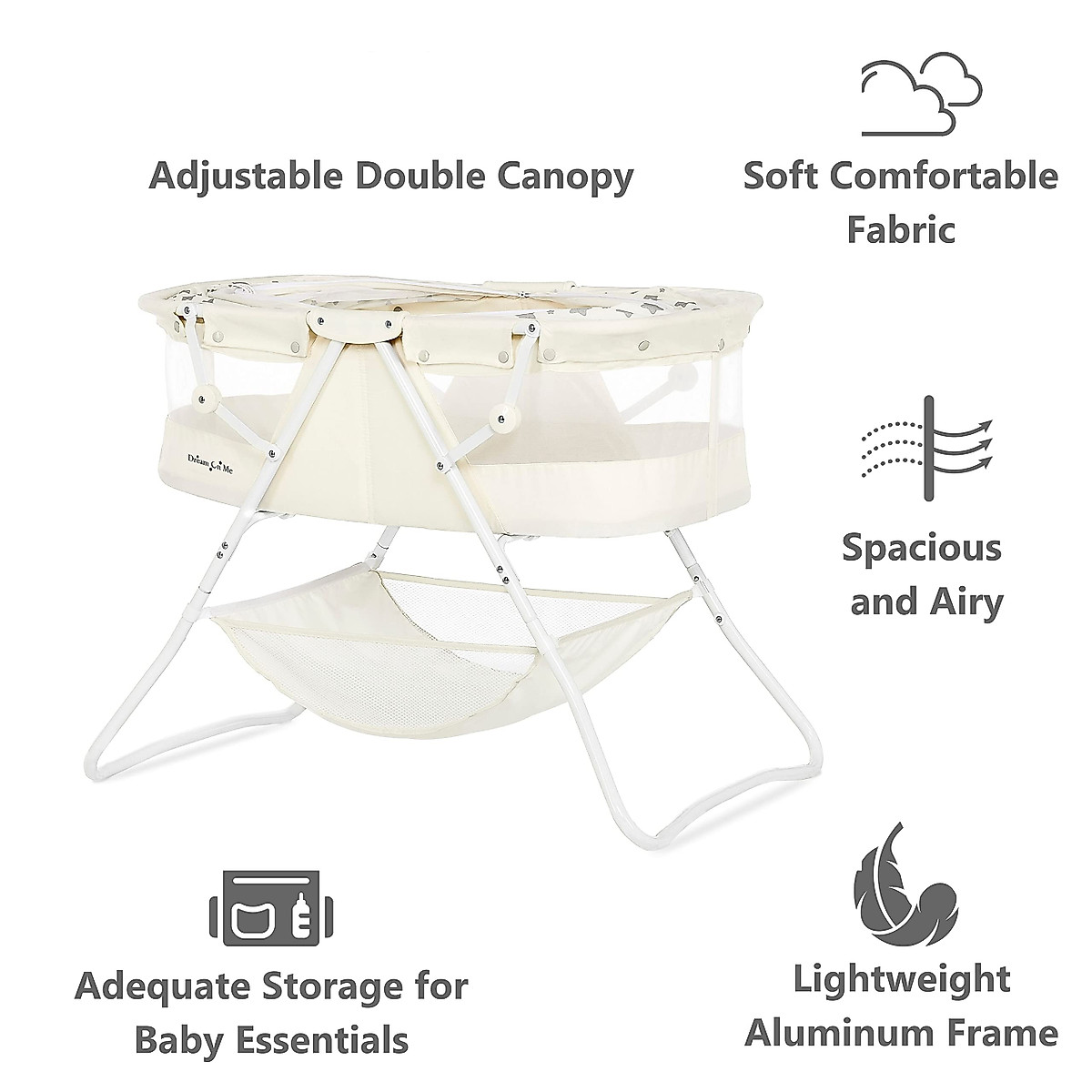 Dream On Me Karley Bassinet in French White, Lightweight Portable Baby Bassinet, Quick Fold and Easy to Carry , Adjustable Double Canopy, Indoor and Outdoor Bassinet with Large Storage Basket.