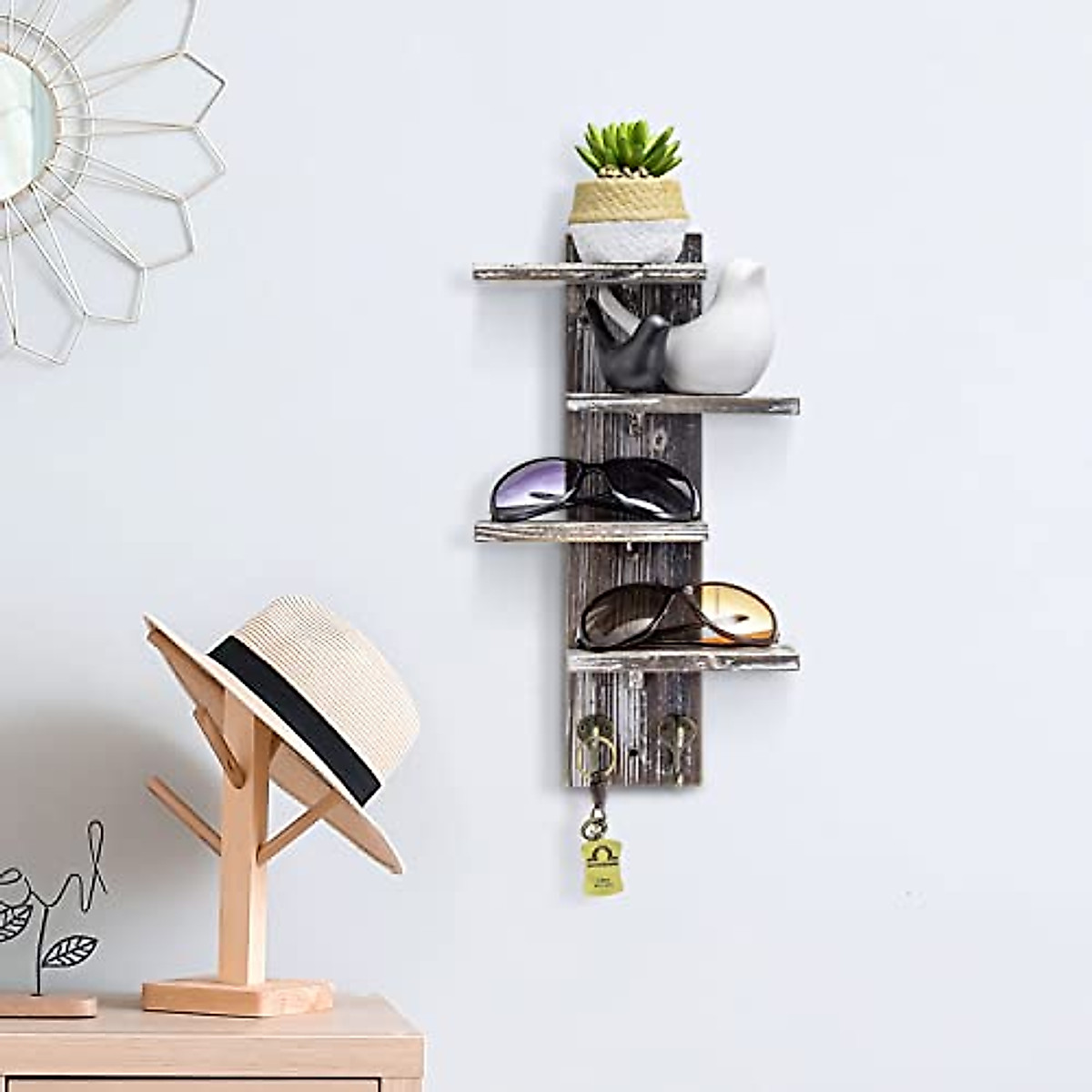 MyGift Solid Torched Wood Sunglasses Holder Display Stand, Wall Mounted Retail Eyewear Showcase Shelf Rack, Holds 4-Pairs