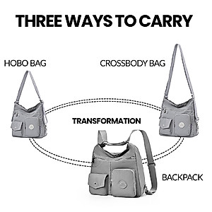 Multipurpose Hobo Purse for Women with Antitheft RFID, Waterproof Nylon Crossbody Bag Shoulder Handbag, Convertible Backpack (Grey)