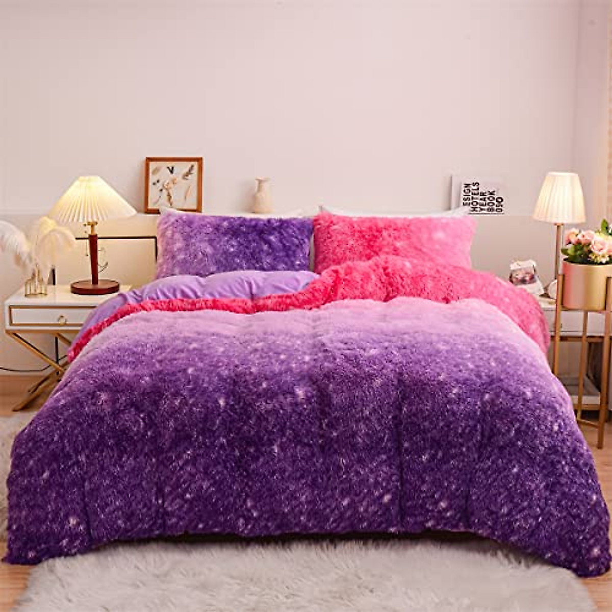 Holawakaka Pink Purple Ombre Stars Shaggy Fuzzy Duvet Cover Set Queen Size Faux Fur Bedding Sets (Pink Purple, Queen)