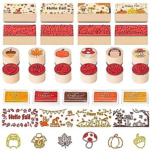 CUweipeng 15Pcs Fall Wooden Rubber Stapms Autumn DIY Craft Card Stamps Pad Pumpkin Rubber Stamps Ink Pads Set for Kids Autumn Party Gift Favor Birthday Gift Classroom Card Scrapbooking Making Supplies