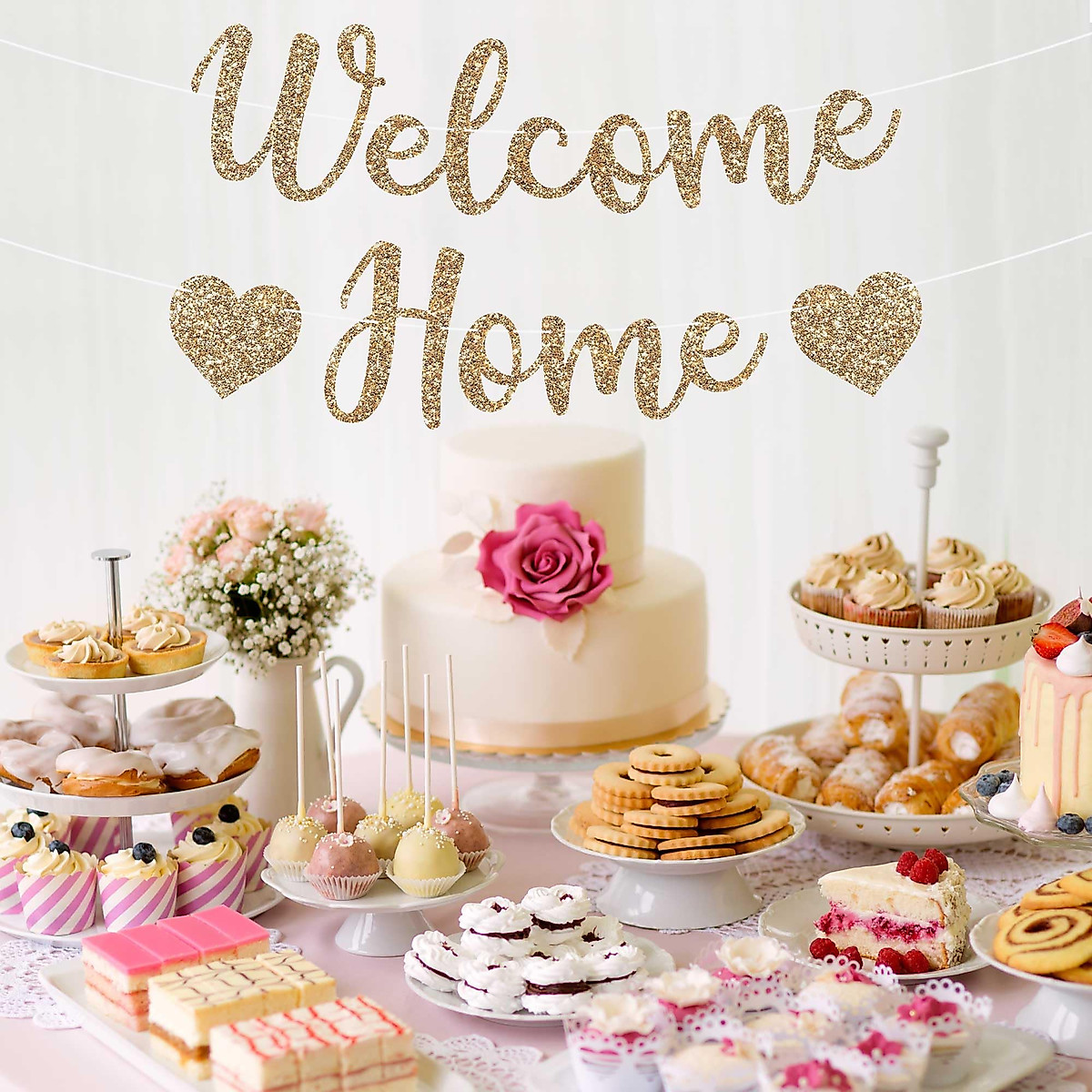 Pre-strung Welcome Home Banner - No DIY - Gold Glitter Script Welcome Home Banner - Pre-strung on 6 ft Strand - Housewarming, Homecoming, & Military Return Party Decorations. Did We Mention No DIY