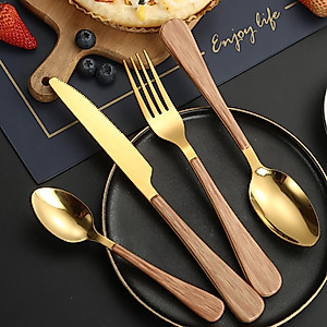 Aimilan 24 Piece Gold Silverware Set for 6, Imitation Wooden Handle Flatware Cutlery Set for Home Kitchen Restaurant, Mirror Finish, Dishwasher Safe (24-Piece for 6)