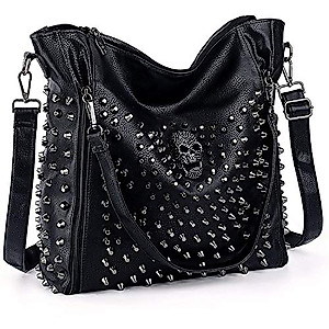 Chikencall® Women Studded Skull Handbag and Purses PU Leather Big Tote Crossbody Shoulder Bag Black