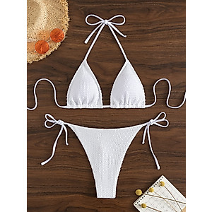 GORGLITTER Women's 2 Piece Sexy Thong Bikini Set String Cheeky Swimsuit Textured Halter Triangle Bathing Suits White Small