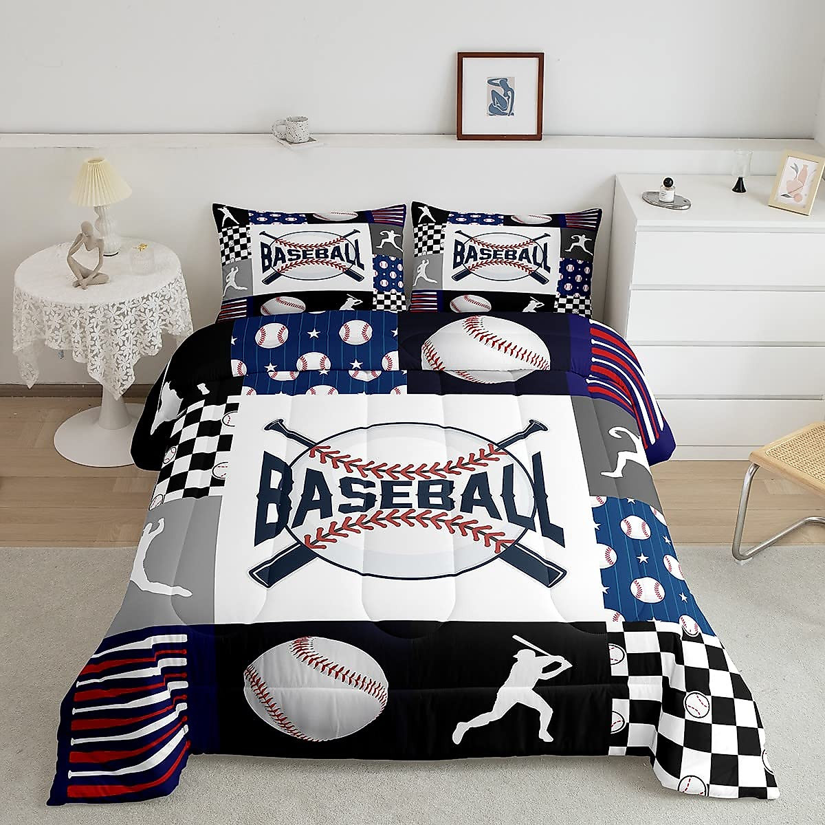 Baseball Bedding,Kids Sports Baseball Comforter Set For Boys Girls Twin Size,Teen Baseball Quilt Set Sport Fans Room Decor,Patchwork Geometric Checkered Comforter Balck white Navy Blue 1 Pillowcase