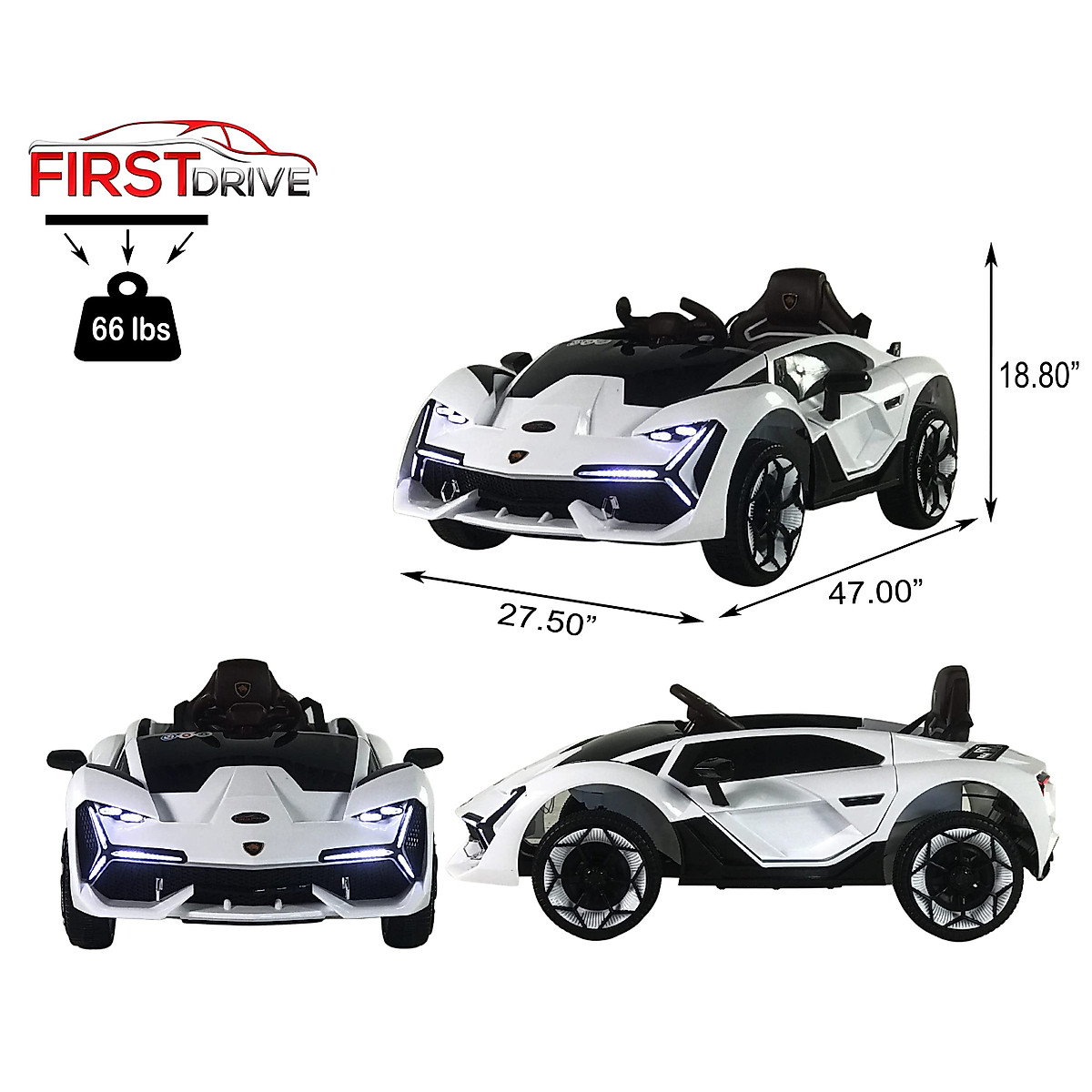 First Drive Lambo Concept 12v Car for Kids to Drive for Boys/Girls - Dual Motor Electric Power Ride on Car with Remote, MP3, Aux Cord, Led Headlights, and Premium Wheel (White)