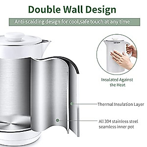 Electric Kettles Stainless Steel for Boiling Water, Double Wall Hot Water Boiler Heater, Cool Touch Electric Teapot, Auto Shut-Off & Boil-Dry Protection, 120V/1200W, 1.7 Liter, 2 Year Warranty(white)