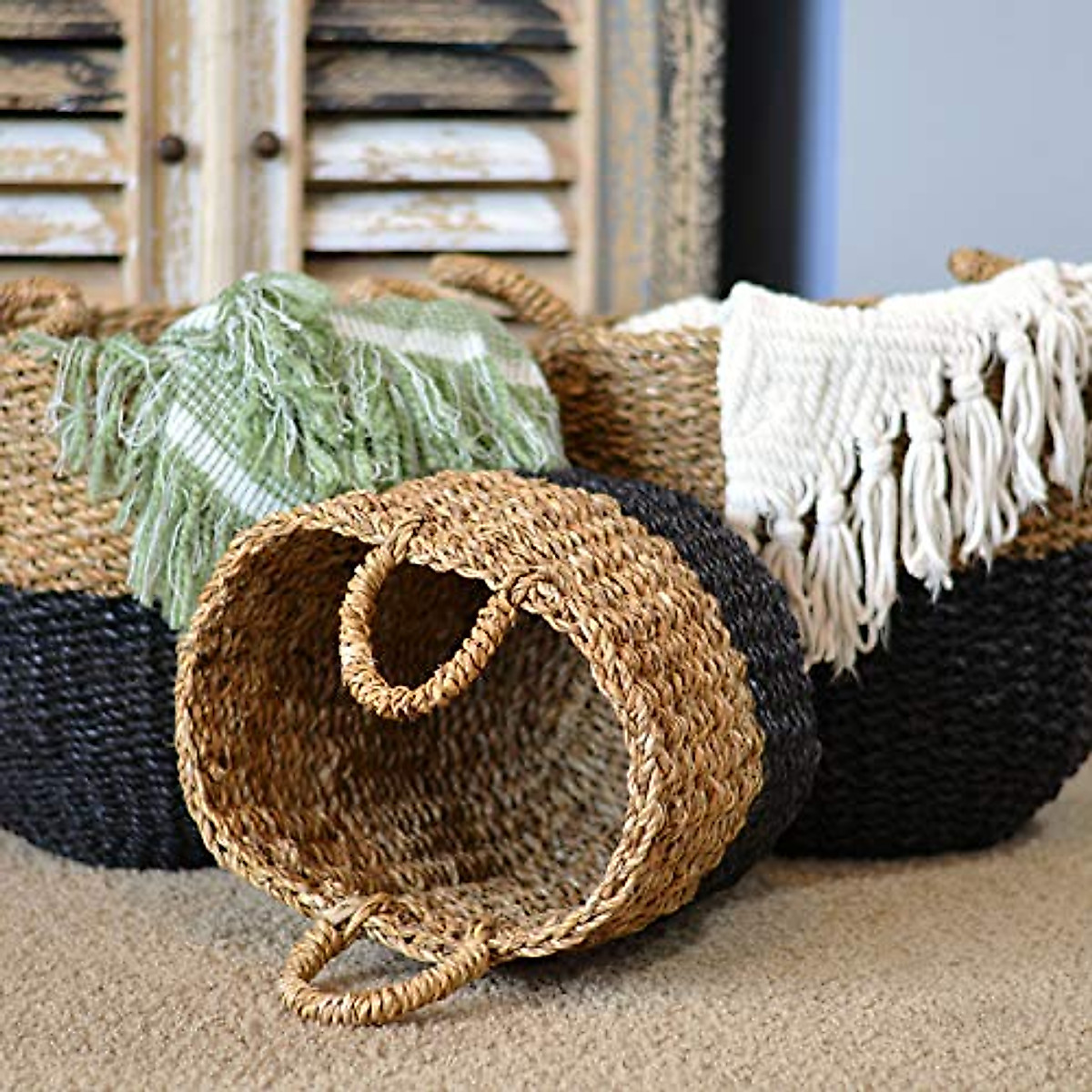 WHW Whole House Worlds Cape Cod Seagrass Baskets, Set of 3, Paint Dipped, Chunky Weave, Nautical Gray, Natural, Barrel Belly, Top Handles, 15.75, 13.75, and 11.75 Inches Tall