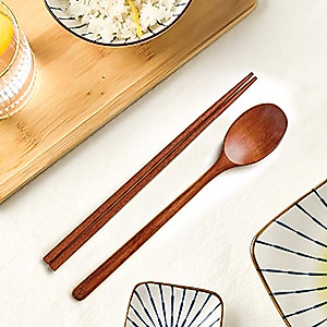 Ecloud Shop Wooden Spoon Chopsticks Sets Korean Dinnerware Combinations Chopsticks and Spoons Set for Home Kitchen or Restaurant (2 Pairs)