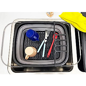 SAMMART 8L (2.11Gallons) Expandable Collapsible Dish Drainer - Foldable Drying Rack - Portable Dinnerware Organizer - Space Saving Kitchen Storage Tray (Black/Alloy Grey)