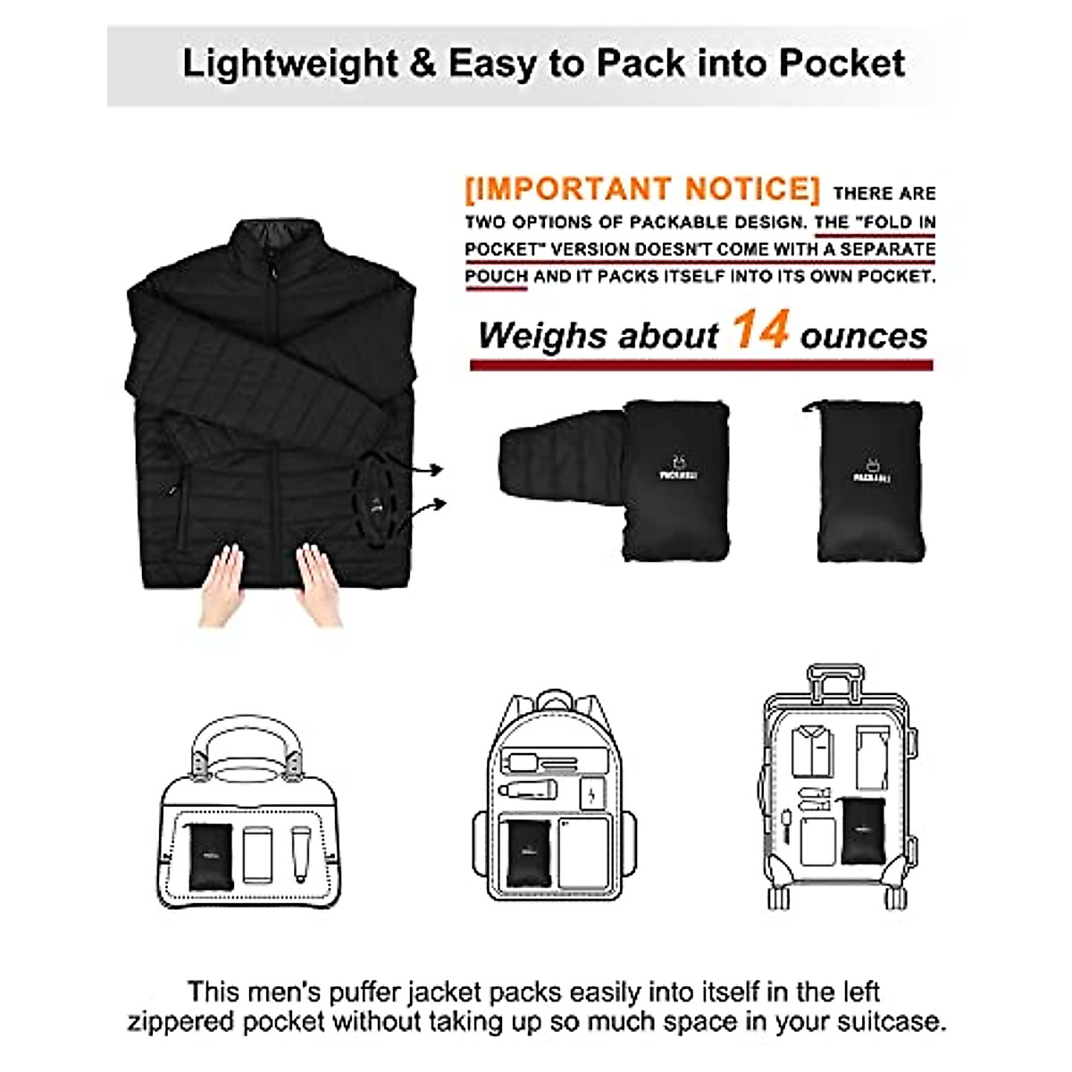 Outdoor Ventures Men's Lightweight Packable Puffer Winter Jacket Insulated Puffy Coat for Snow Ski Hiking Travel