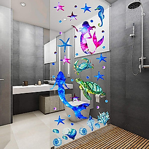 Mermaid Wall Decals, 2 Sheets Removable Mermaid Wall Stickers for Bedroom, The Sea Mermaid Wall Decals Ocean Mermaid Turtle Wall Stickers Bathroom Kids Bedroom