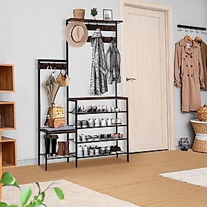 Lynxor Hall Tree with Bench and Shoe Storage, Entryway Coat Rack Shoe Bench with Mat, Freestanding 4-in-1 Coat and Shoe Rack with Wall Rack 9 Hooks Top Shelf for Entrance Foyer Rustic Brown