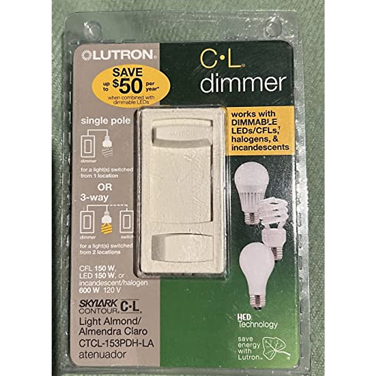 Lutron Skylark Contour 150-Watt Single Pole 3-Way CFL LED Dimmer - Light Almond CTCL-153PDH-LA