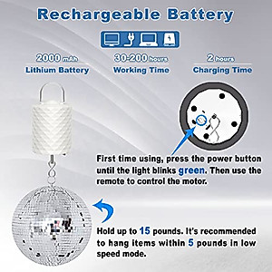 Disco Ball Motor with Remote, 2000mAh Battery Powered Rotating Wind Spinner Motor, Disco Ball Spinner Variable Speed & Timing, USB Rechargeable Hanging Display Motor for Baby Crib Mobile, Wind Chime