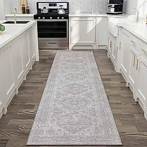 BEIMO Runner Rug 2X10 for Hallway Entryway, Machine Washable Area Rug for Indoor Laundry Bedroom, Distressed Vintage Grey Medallion Floral Print Thin Rug Low Pile Lightweight with Non Slip Backing