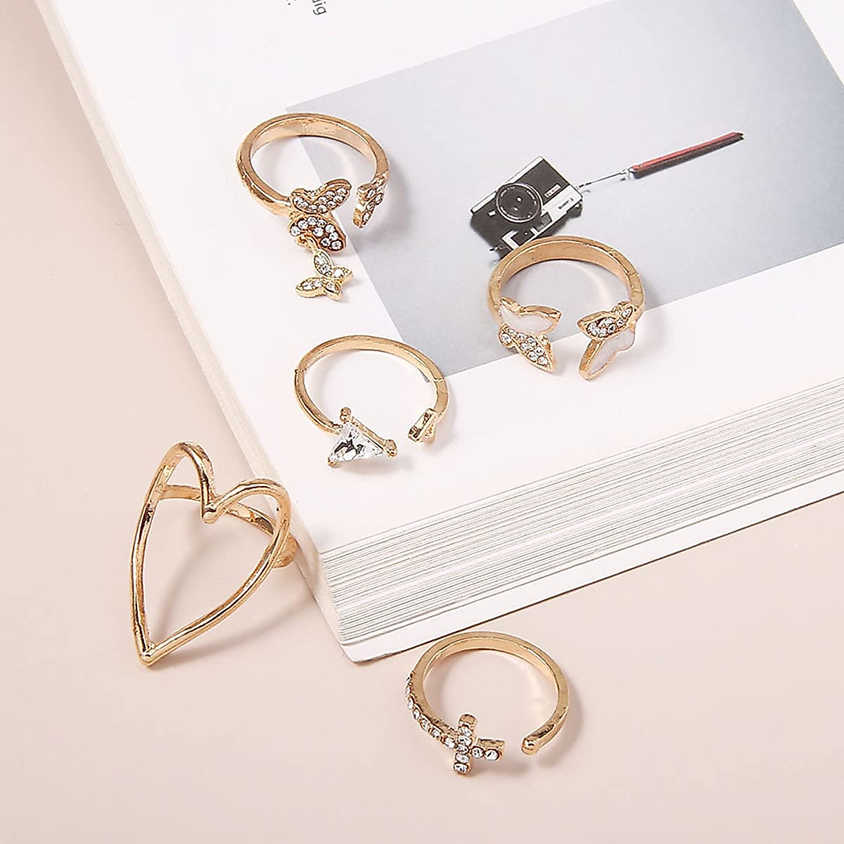 Bufenia Gold Butterfly Rings Set Crystal Joint Knuckle Finger Rings Heart Cross Stackable Rings for Women