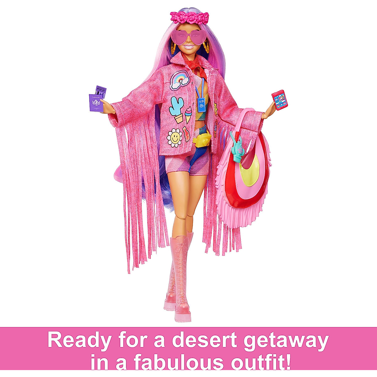 Barbie Extra Fly Doll with Desert-Themed Travel Clothes & Accessories, Fringe Jacket & Oversized Bag, 3Y+, Includes 1 Barbie® doll with fashion, shoes, and assorted accessories