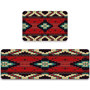 Rustic Southwestern Native American Kitchen Rug Sets 2 Piece with Runner Aztec Tribal Abstract Geometric Navajo Ethnic Vintage Kitchen Rugs and Mats Washable Bath Mat Non Slip Bedroom Area Carpet