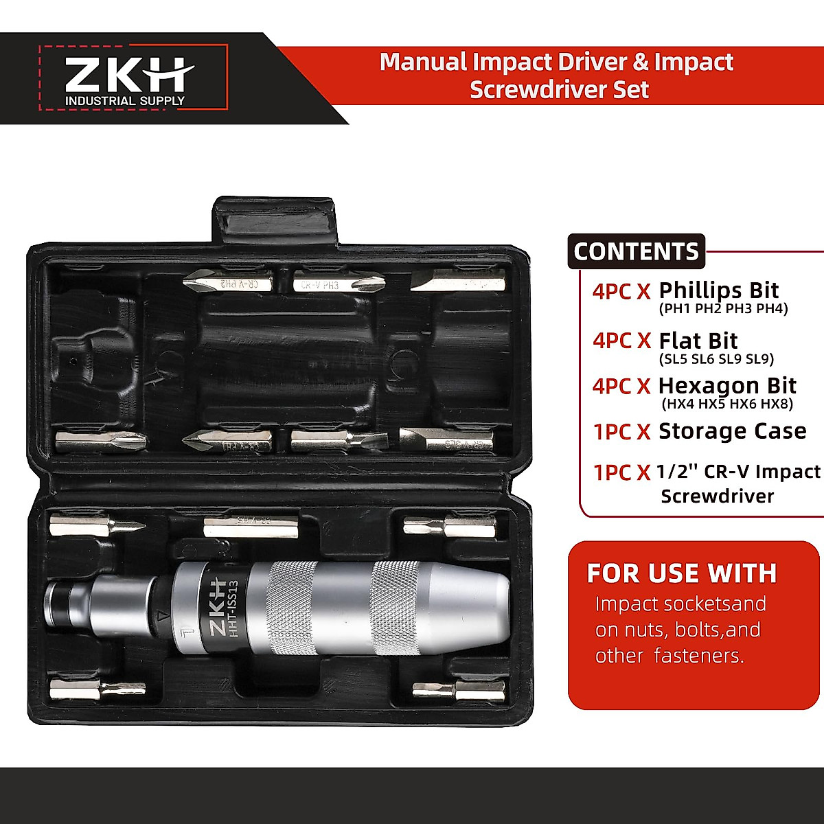 ZKH 1/2" CR-V Hand Impact Screwdriver, Manual Reversible Impact Driver Includes 12-Piece Slotted, Phillips, Hexagonal Bit Set, Disengage Rusted Fasteners or Frozen Bolts, Ideal Hand Tool for Men, Dad