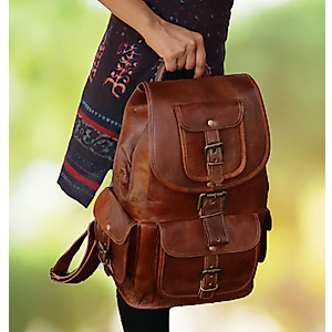 jaald 18" Brown Leather Backpack Vintage Rucksack Laptop Bag Water Resistant Casual Daypack College Bookbag Comfortable Lightweight Travel Hiking/Picnic for Men