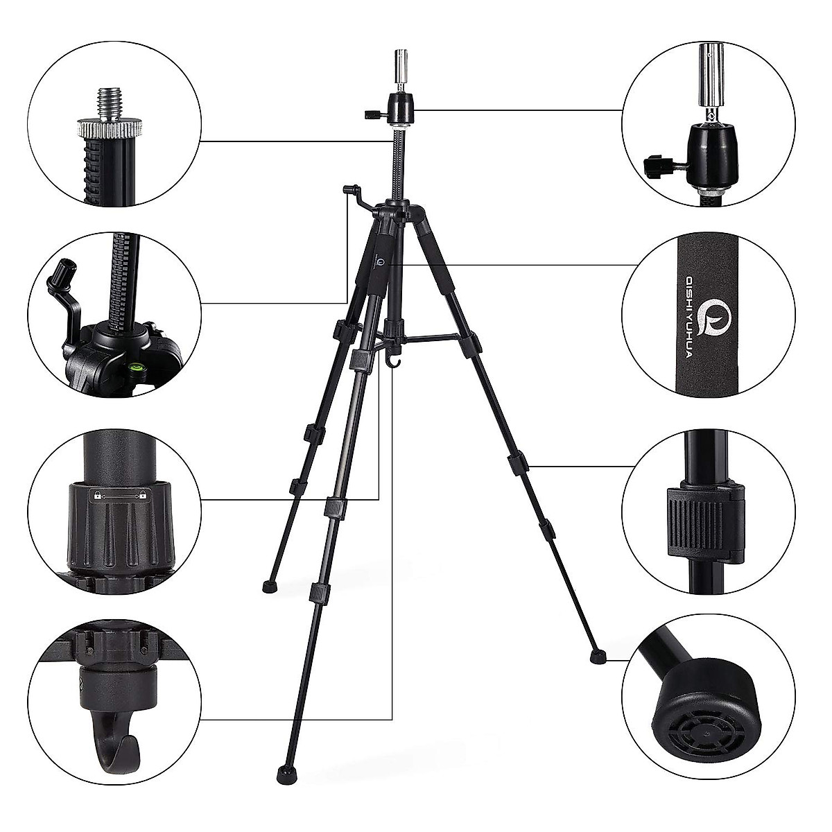 QISHI YUHUA Wig Stand Tripod with Non-Slip Base Adjustable Mannequin Head Stand with Hook Heavy Duty Manikin Head Tripod