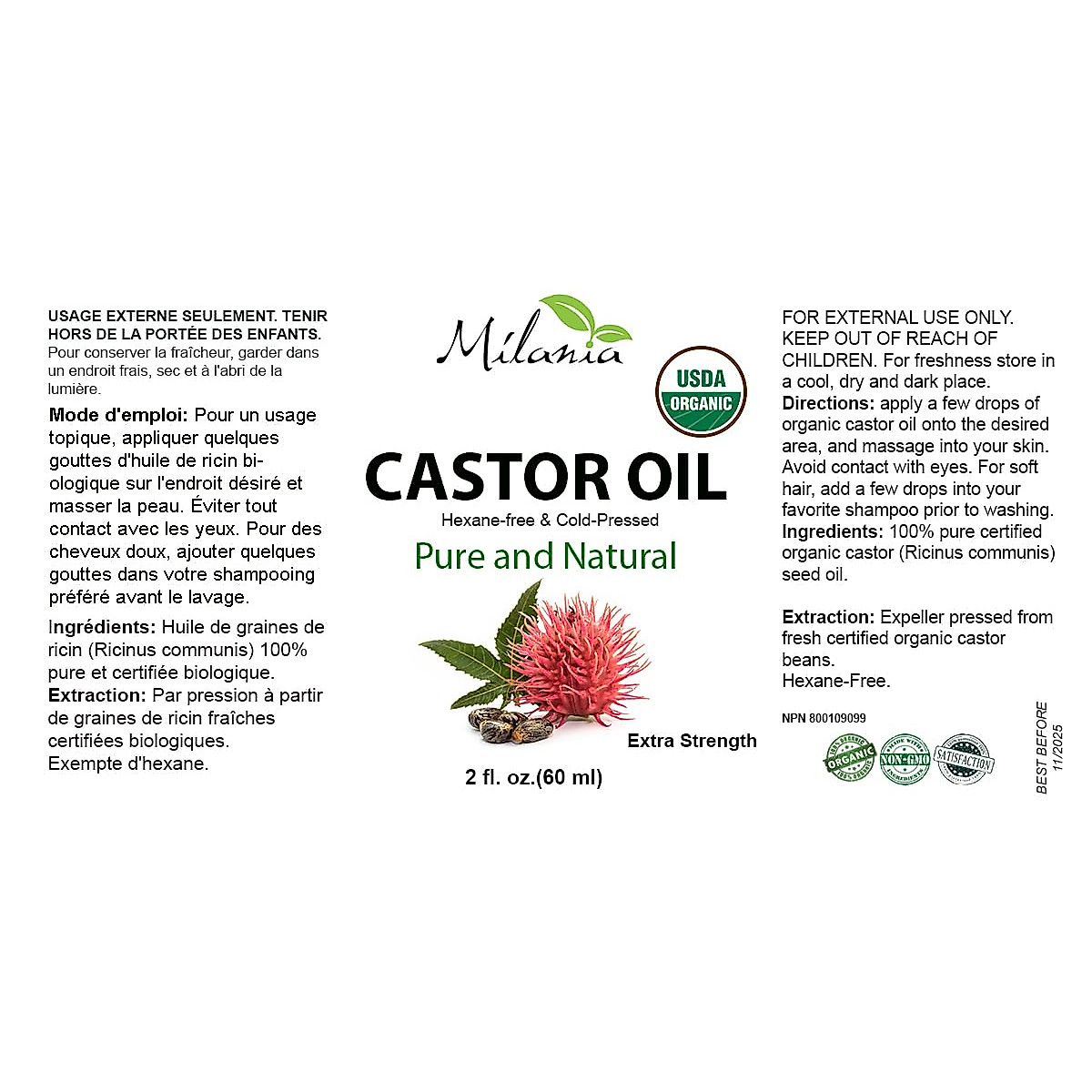 Premium Organic Castor Oil (2 fl. oz.) - Pure Cold-Pressed Beauty & Skincare Serum - Eyelash & Eyebrow Hair Growth Enhancer