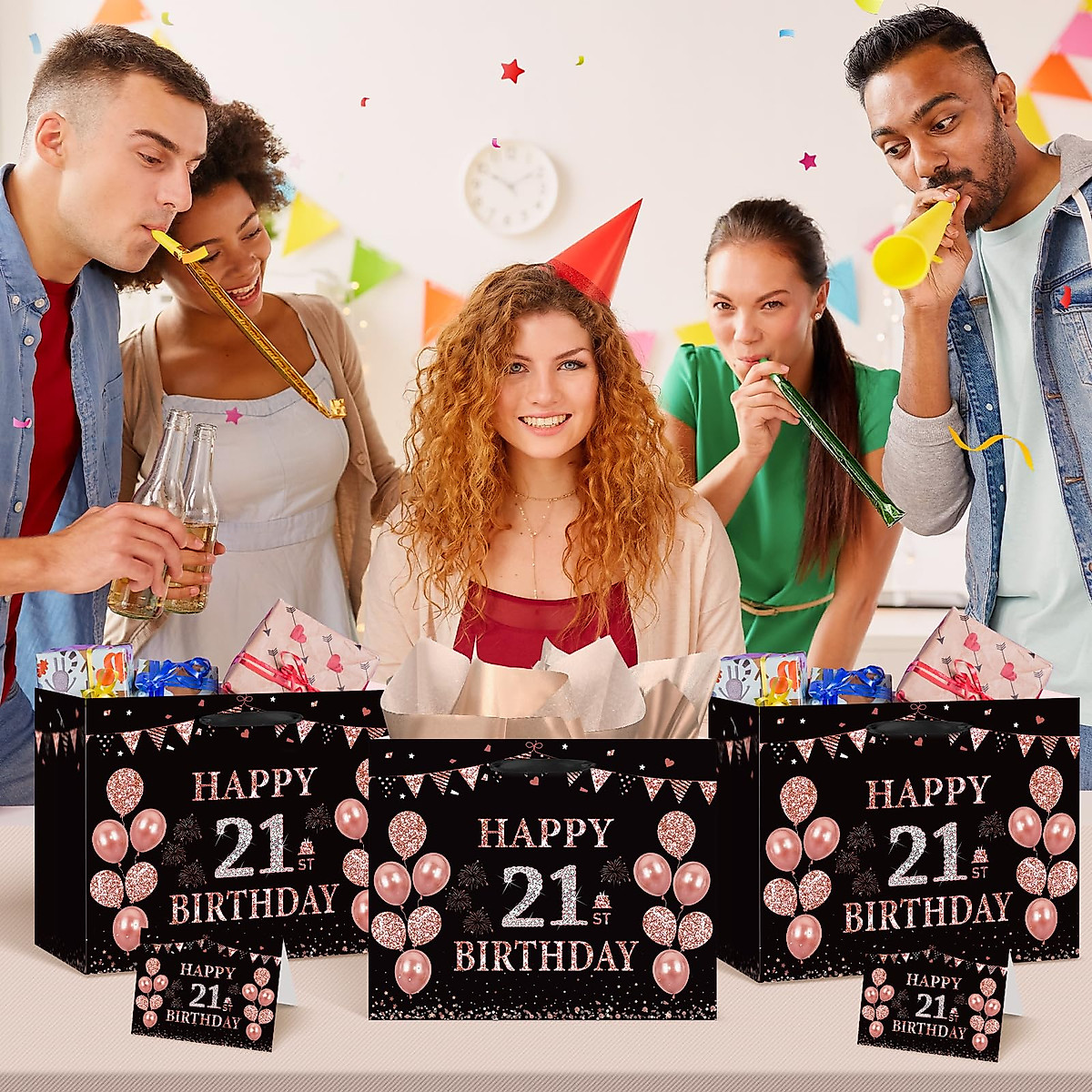 Black Rose Gold 21st Birthday Gift Bag with Happy 21st Birthday Greeting Card and Tissue Paper for Girls Rose Gold 21st Birthday Gift Wrap Bag for 21st Birthday Christmas Party Decorations Supplies