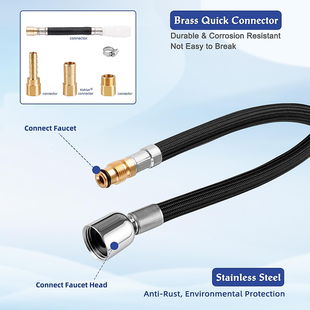 K-1219935-BC Hose Kit Compatible with Kohler Pull Down Kitchen Faucet, 68 Inches Bright Chrome Pull-Out Kitchen Faucet Hose Replacement Part of K-1304674-BC, with 4 Adapters