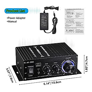 Facmogu AK280 200W+200W Mini 2.0 CH Audio Power Amplifier, 2.0 CH Receiver Speaker Amp with 12V 5A Power Supply, Bass & Treble Control Music Player Sound Amplifier for Car Home Garage