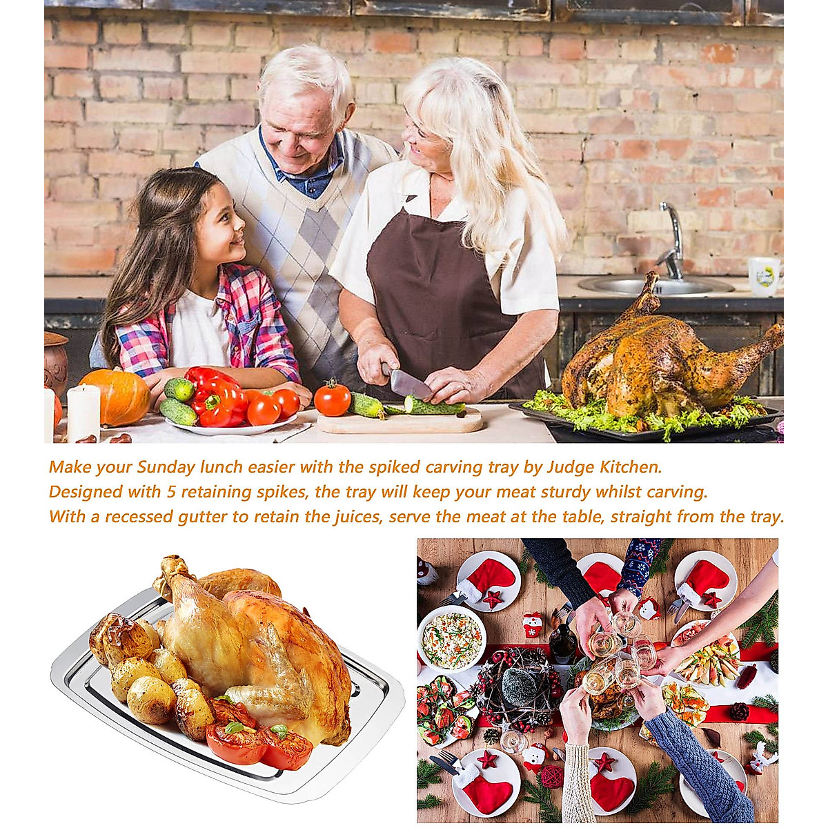 Stainless Steel Spiked Roast Chicken Carving Dish Tray, Turkey Meat Serving, Stainless Steel Carving Knife Fork Set for Meat Turkey(Carving Tray Knife Fork)