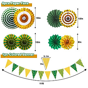 Green Gold Party Decorations, Graduation Season Hanging Paper Fans Honeycomb Balls Leaf Clover Garland Latex Balloons Triangle Flags Pennants for St. Patrick's Day Green Theme Birthday Gender Reveal