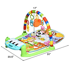 BABY JOY Baby Play Mat, Kick and Play Gym with Detachable Piano, Foot Gym Carpet Piano Fitness Rack, 4 Rattle Pendants and 1 Mirror, Ideal for Baby Room (Rainbow)