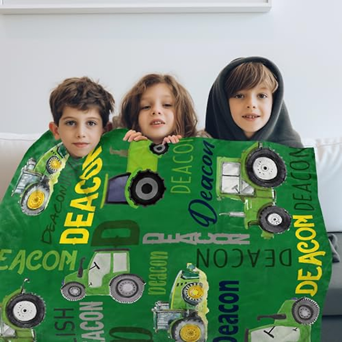 Personalized Tractors Blanket - Custom Name with Farm Tractor Trucks Design - Soft Plush Flannel Bed Blanket for Baby Kid Teen Boys Girls Customized Gifts Green