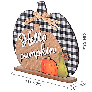 IDATOO Fall Decoration Signs, Hello Pumpkin Fall Décor for Fireplace and Tabletop Centerpiece - Cozy Wooden Rustic Buffalo Plaid Design for Halloween, Thanksgiving, and Autumn Holiday Indoor