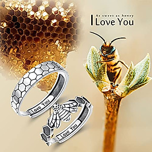 Yearace Bee Honeycomb Couples Rings Set, 925 Sterling Silver Cute Animals Bee Honeycomb Matching Ring for Couples Engraved I Love You, Adjustable Engagement Wedding Promise Ring for Him and Her