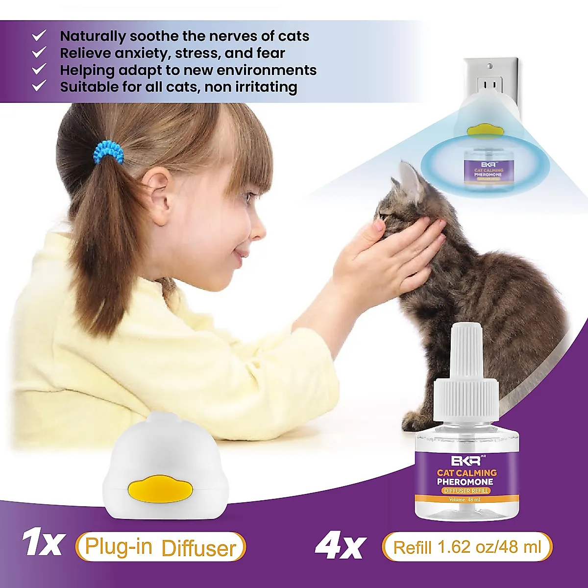 BKRMART Cat Pheromones Calming Diffuser 5 in 1 Therapet Md Cat Diffuser for All Cats, 1 Pheromone Cat Calming Diffuser & 4 Refills